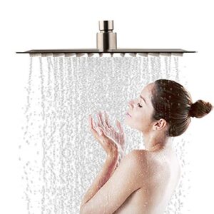 rain shower head, 16 inch brushed nickel square rainfall showerhead, large stainless steel shower head, ultra thin rainfall bath shower with silicone nozzle easy to clean and install