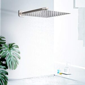 Rain Shower Head, 16 Inch Brushed Nickel Square Rainfall Showerhead, Large Stainless Steel Shower Head, Ultra Thin Rainfall Bath Shower with Silicone Nozzle Easy to Clean and Install