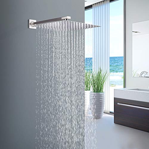 Rain Shower Head, 16 Inch Brushed Nickel Square Rainfall Showerhead, Large Stainless Steel Shower Head, Ultra Thin Rainfall Bath Shower with Silicone Nozzle Easy to Clean and Install