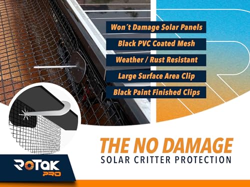 ROTAK Critter Guard PRO | 6in x 100ft Solar Panel Bird Prevention Roll Kit with 60 Fastener Clips | Heavy Duty Galvanized Black PVC Coated ½ inch Wire Roll Mesh (6" PRO + 60 Clips)