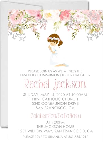 Pink Floral First Holy Communion Invitations For Girls