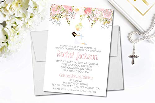 Pink Floral First Holy Communion Invitations For Girls