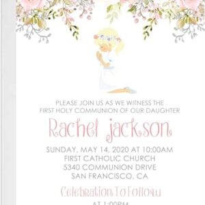 Pink Floral First Holy Communion Invitations For Girls