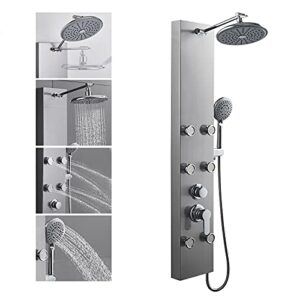 rovogo 304 stainless steel shower panels system with 8-inch rainfall shower, 6 body jets and 5-setting handheld shower wand, shower tower with adjustable head, stainless steel brushed