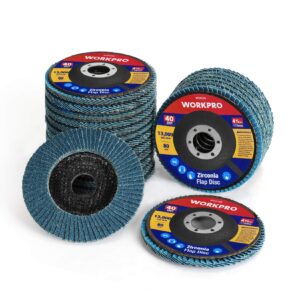 workpro 20-pack flap discs, 4-1/2-inch, arbor size 7/8-inch, t29 zirconia abrasive grinding wheel and flap sanding disc, includes 40/60/80/120 grits