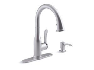 kohler r23863-sd-vs motif kitchen faucet with pull down sprayer and soap dispenser, vibrant stainless