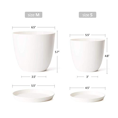 Mkono 6.5" Plastic Planters with Saucers, Indoor Set of 5 Flower Plant Pots Modern Decorative Gardening Pot with Drainage for All House Plants, Herbs, Foliage Plant, and Seeding Nursery, Cream White