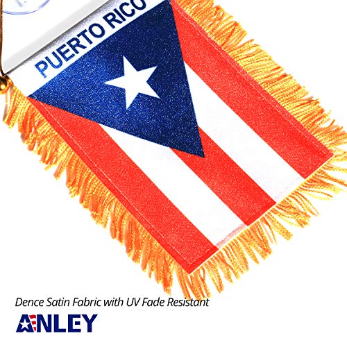 Anley 4 X 6 Inch Puerto Rico Fringy Window Hanging Flag - Mini Flag Banner & Car Rearview Mirror Décor - Fringed Puerto Rican Hanging Flag with Suction Cup