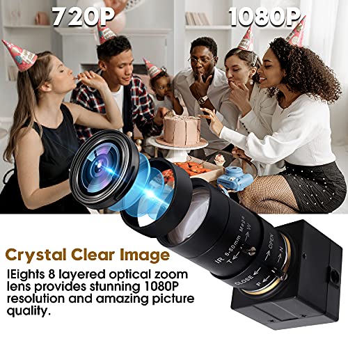 1080P USB Camera with Microphone Manual Zoom 5-50mm Webcam 0.01LUX Low Light Variable Focus PC Camera Zoomable H.264 Mini UVC USB2.0 USB with Camera for Computer Audio Video Close-up Camera