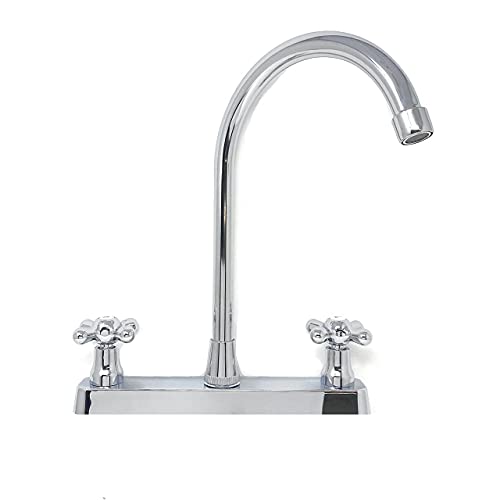 Chromed Surface 8" Two-Handle Tall Stainless Steel Spout Kitchen Faucet 8-inch Center Hole [3015PF] ADA -Does not Contain Lead, Plastic (POM) Body HI Rise SPOUT