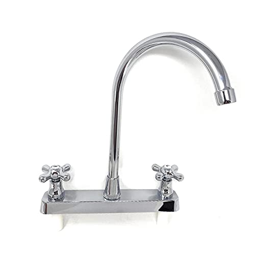 Chromed Surface 8" Two-Handle Tall Stainless Steel Spout Kitchen Faucet 8-inch Center Hole [3015PF] ADA -Does not Contain Lead, Plastic (POM) Body HI Rise SPOUT