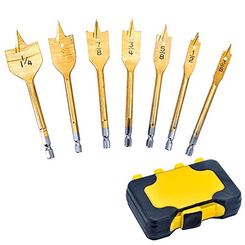 Werktough 7Pcs Wood Flat Drill Bit Set Spade Drill Bit Set Spade Wood Drill Titanium Plated in Hard Plastic Case