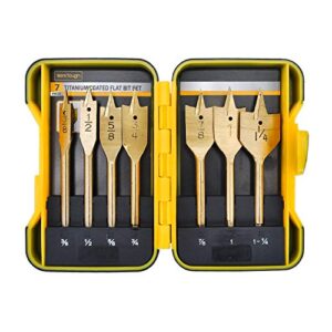 Werktough 7Pcs Wood Flat Drill Bit Set Spade Drill Bit Set Spade Wood Drill Titanium Plated in Hard Plastic Case