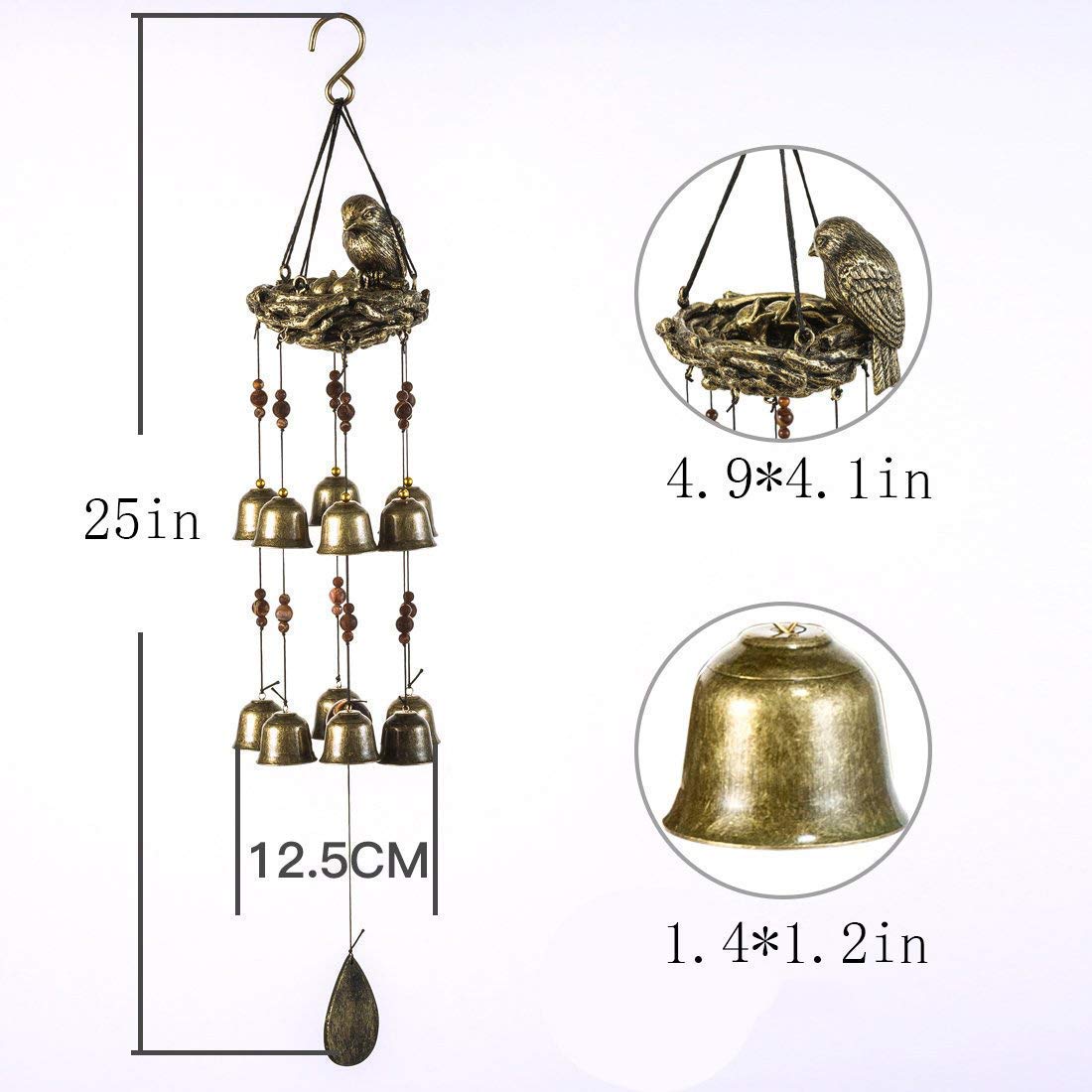 Gardenvy Bird Nest Wind Chime, Bird Bells Chimes with 12 Wind Bells for Glory Mother’s Love Gift, Garden Backyard Church Hanging Decor, Bronze