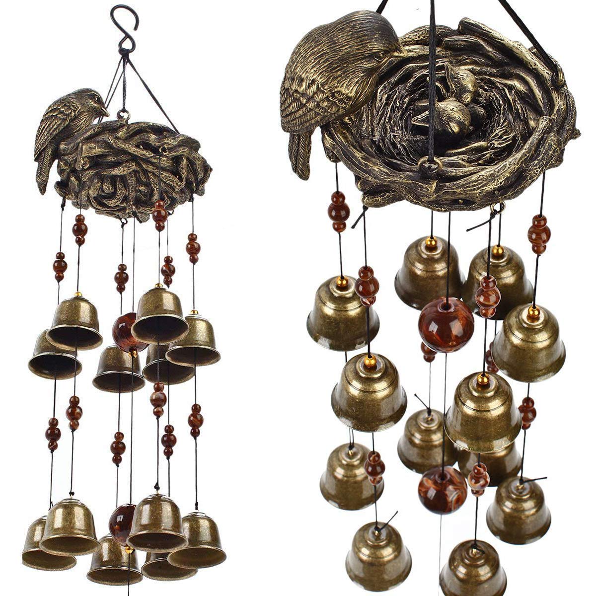 Gardenvy Bird Nest Wind Chime, Bird Bells Chimes with 12 Wind Bells for Glory Mother’s Love Gift, Garden Backyard Church Hanging Decor, Bronze