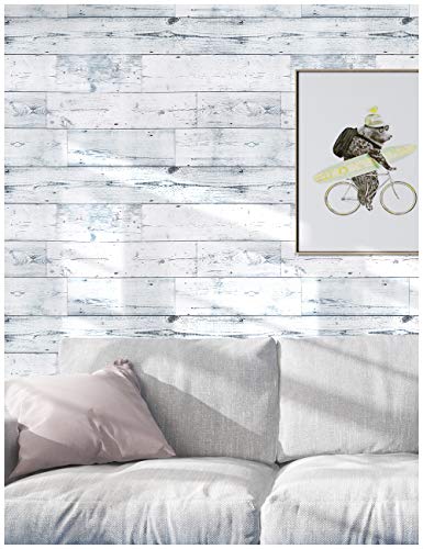 HAOKHOME MR47 Peel and Stick Wood Wallpaper Shiplap Light Grey/White/Blue Distressed Wood Plank Removable Shelf Liner Contact Paper 17.7in x 9.8ft