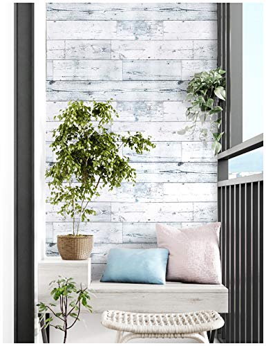 HAOKHOME MR47 Peel and Stick Wood Wallpaper Shiplap Light Grey/White/Blue Distressed Wood Plank Removable Shelf Liner Contact Paper 17.7in x 9.8ft