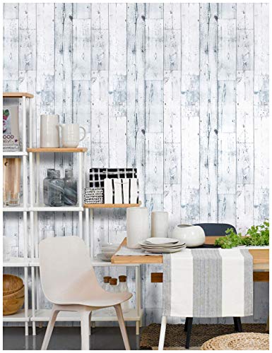 HAOKHOME MR47 Peel and Stick Wood Wallpaper Shiplap Light Grey/White/Blue Distressed Wood Plank Removable Shelf Liner Contact Paper 17.7in x 9.8ft