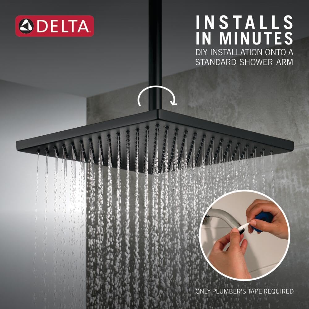 Delta Faucet Single-Spray Raincan Shower Head, Black Shower Head, Rainfall Shower Head, Square Shower Head, Metal Shower Head, 2.5 GPM Flow Rate, Matte Black 52159-BL25