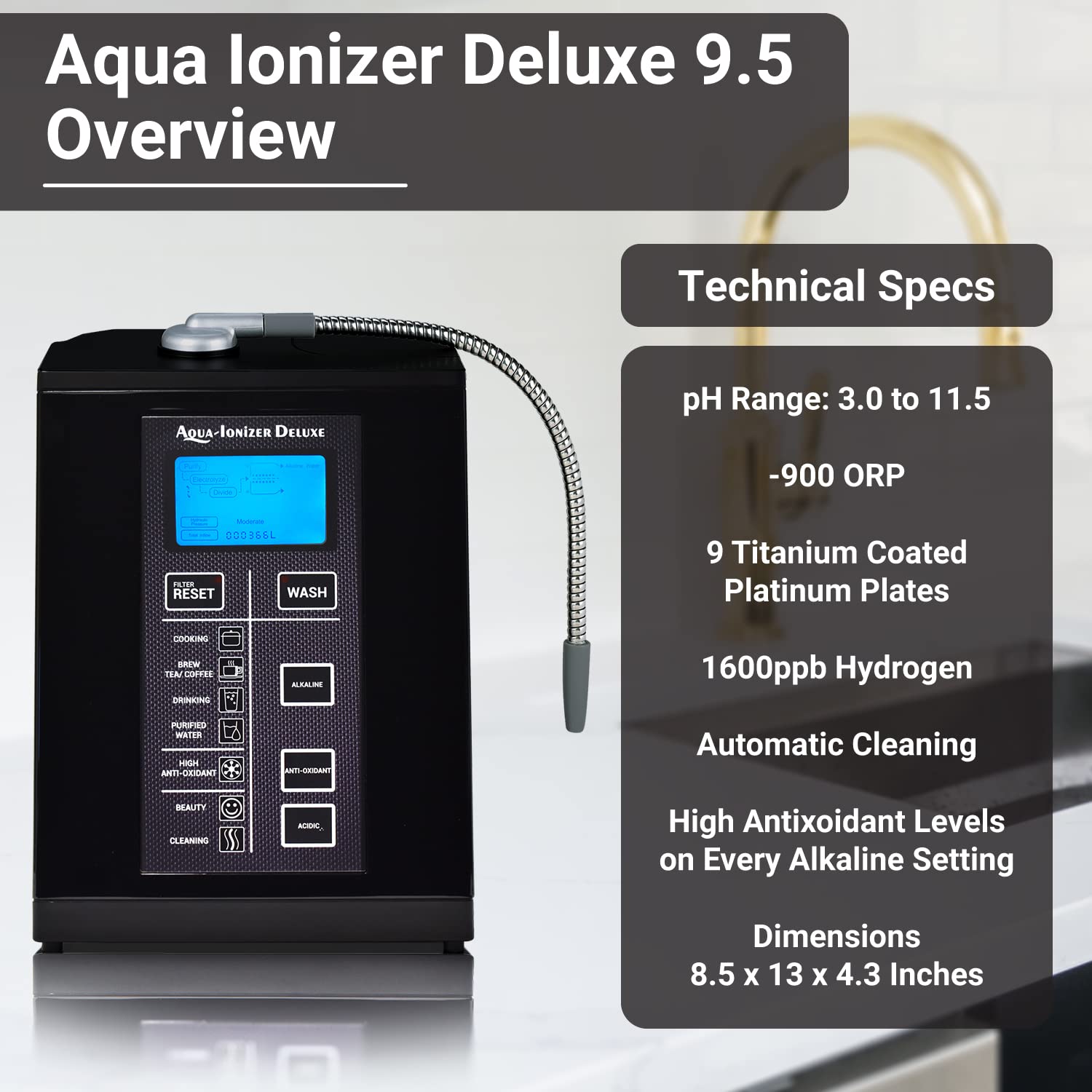 Aqua Ionizer Deluxe 9.5 Anti-Oxidant Boost Water Ionizer |Produces pH 3.0-11.5 Alkaline Water Filtration System| Up to -880mV ORP | 4000 Liters Per Filter | 7 Water Settings