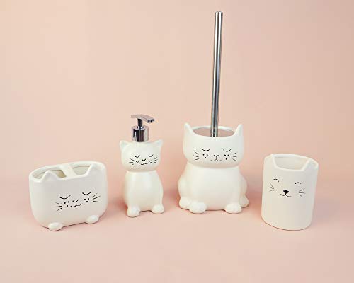 Isaac Jacobs White Ceramic Cat, Liquid Soap Pump/Lotion Dispenser with Chrome Metal Pump (Holds Up to 12 Oz) – Great for Bathroom, Kitchen Countertop, Bath Accessory (Cat)