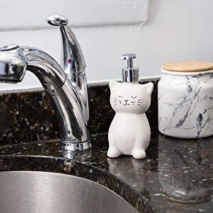 Isaac Jacobs White Ceramic Cat, Liquid Soap Pump/Lotion Dispenser with Chrome Metal Pump (Holds Up to 12 Oz) – Great for Bathroom, Kitchen Countertop, Bath Accessory (Cat)