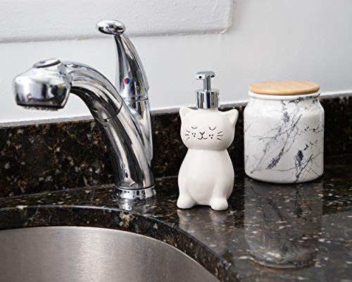 Isaac Jacobs White Ceramic Cat, Liquid Soap Pump/Lotion Dispenser with Chrome Metal Pump (Holds Up to 12 Oz) – Great for Bathroom, Kitchen Countertop, Bath Accessory (Cat)