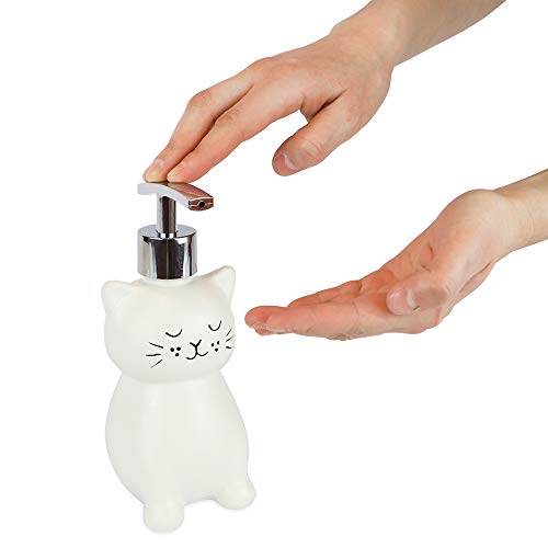 Isaac Jacobs White Ceramic Cat, Liquid Soap Pump/Lotion Dispenser with Chrome Metal Pump (Holds Up to 12 Oz) – Great for Bathroom, Kitchen Countertop, Bath Accessory (Cat)