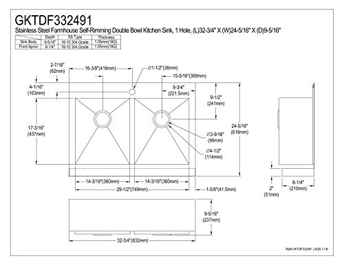 Kingston Brass GKTDF332491 Edinburg Farmhouse Kitchen Sink, Brushed