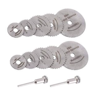 saiper 12pcs/2sets hss circular wood cutting saw blade discs with 2pcs 1/8" shank extension rod for dremel rotary tool mandrel