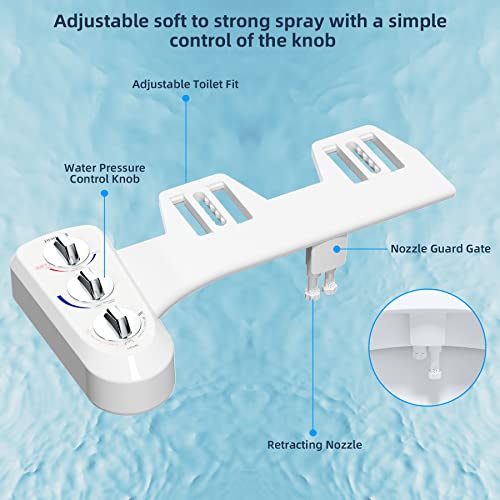 Hibbent Toilet Seat Bidet with Self Cleaning Dual Nozzle, Hot and Cold Water Spray Non-Electric Mechanical Bidet Toilet Attachment for Rear or Female Washing Sanitizing