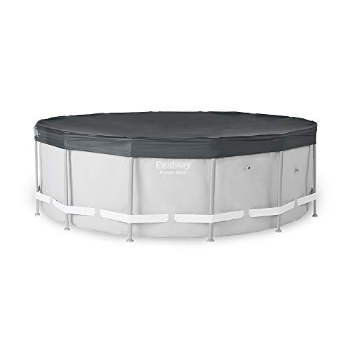 Bestway Flowclear PVC Round 14 Foot Pool Cover for Above Ground Frame Pools with Drain Holes and Secure Tie-Down Ropes, Black (Cover Only)