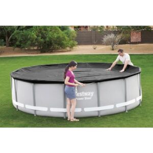 Bestway Flowclear PVC Round 14 Foot Pool Cover for Above Ground Frame Pools with Drain Holes and Secure Tie-Down Ropes, Black (Cover Only)