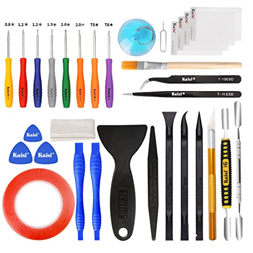 Kaisi 32 in 1 Professional Electronics Screen Opening Pry Tool Repair Kit with Steel and Carbon Fiber Nylon Spudgers, Double Side Adhesive Tape and 8 Screwdrivers for Open Cellphone, Laptops, Tablets