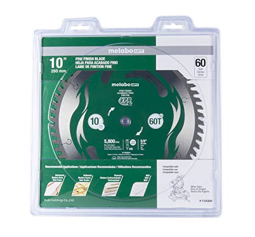 Metabo HPT 10-Inch Miter Saw/Table Saw Blade, 60T, Fine Finish, 5/8" Arbor, Large Micrograin Carbide Teeth, 5800 Max RPM, 115435M