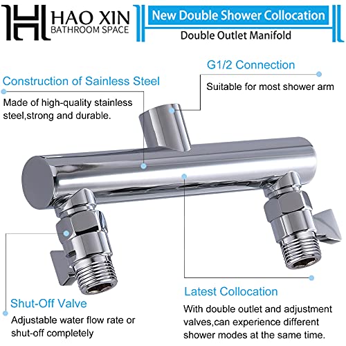 HAOXIN Double Outlet Shower Manifold with Shut Off Valve,Suitable for Dual Sprayer Showering System,Chrome,STC03