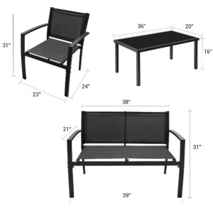 Flamaker 4 Pieces Outdoor Patio Furniture Textilene Modern Conversation Black Bistro Set with Loveseat Tea Table for Home, Lawn and Balcony