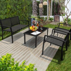 Flamaker 4 Pieces Outdoor Patio Furniture Textilene Modern Conversation Black Bistro Set with Loveseat Tea Table for Home, Lawn and Balcony