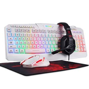 redragon s101 wired rgb backlit gaming keyboard and mouse, gaming mouse pad, gaming headset combo all in one pc gamer bundle for windows pc – (white)