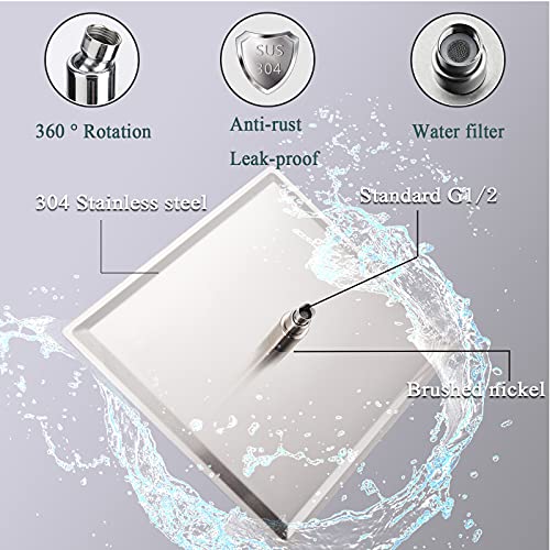 Suguword 12 Inch LED Rain Shower Head Brushed Nickel Bathroom Square Top Sprayer, Large Stainless Steel Shower Head Ultra Thin Rainfall Bath Shower with Silicone Nozzle