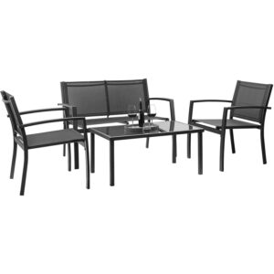 devoko 4 pieces patio furniture set outdoor garden patio conversation sets poolside lawn chairs with glass coffee table porch furniture (black)