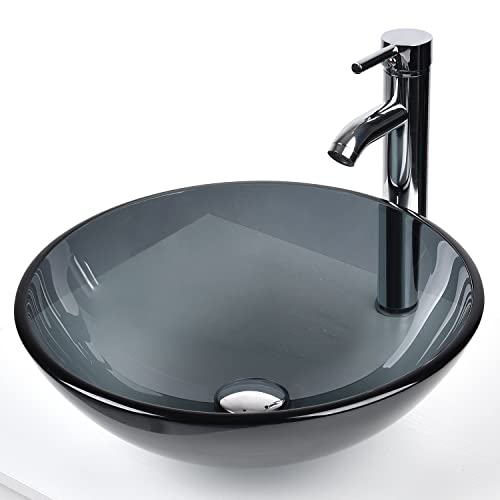 Bathroom Vessel Sink, Round Glass Vessel Sink Basin with Faucet Pop-Up Drain, Grey