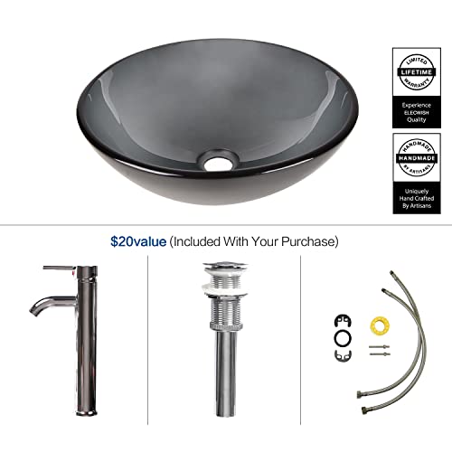 Bathroom Vessel Sink, Round Glass Vessel Sink Basin with Faucet Pop-Up Drain, Grey