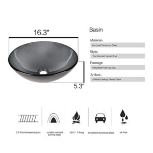 Bathroom Vessel Sink, Round Glass Vessel Sink Basin with Faucet Pop-Up Drain, Grey