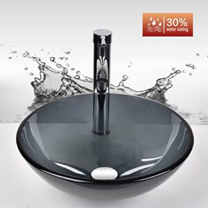 Bathroom Vessel Sink, Round Glass Vessel Sink Basin with Faucet Pop-Up Drain, Grey