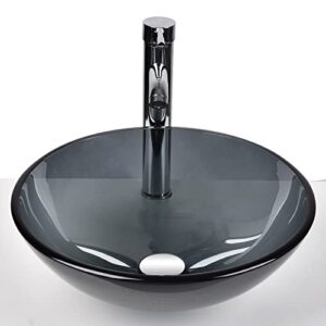 Bathroom Vessel Sink, Round Glass Vessel Sink Basin with Faucet Pop-Up Drain, Grey