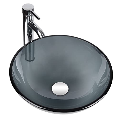 Bathroom Vessel Sink, Round Glass Vessel Sink Basin with Faucet Pop-Up Drain, Grey