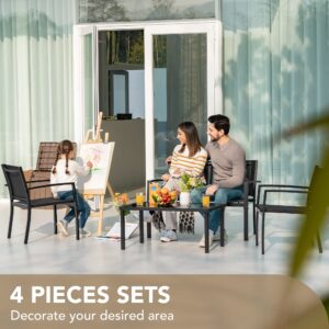 Devoko 4 Pieces Patio Furniture Set Outdoor Garden Patio Conversation Sets Poolside Lawn Chairs with Glass Coffee Table Porch Furniture (Black)