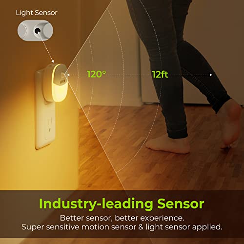 AUVON Plug in Night Light with Motion Sensor and Dusk to Dawn Sensor, Mini Warm White LED Nightlight with 1-50 lm Adjustable Brightness for Bathroom, Hallway, Stairs, Bedroom, Kitchen (4 Pack)