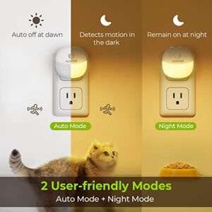 AUVON Plug in Night Light with Motion Sensor and Dusk to Dawn Sensor, Mini Warm White LED Nightlight with 1-50 lm Adjustable Brightness for Bathroom, Hallway, Stairs, Bedroom, Kitchen (4 Pack)